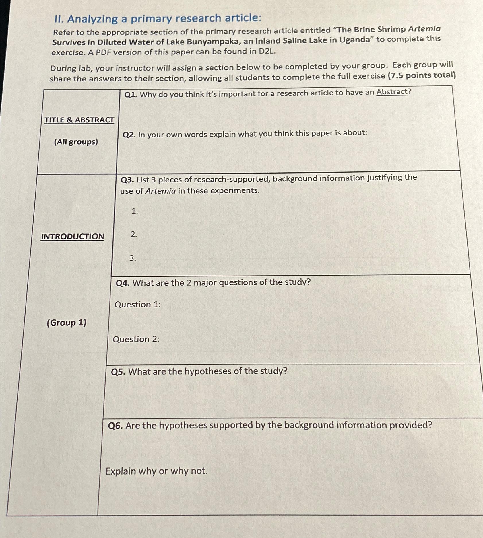 II. ﻿Analyzing a primary research article:Refer to | Chegg.com