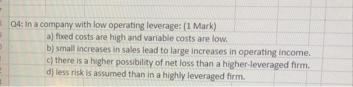 Solved Q4: In a company with low operating leverage: (1 | Chegg.com