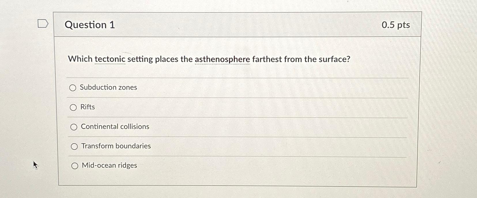 Solved Question 10.5ptsWhich tectonic setting places the | Chegg.com