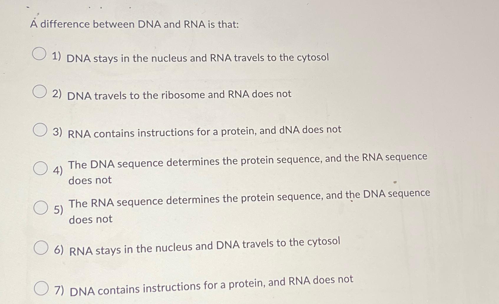 Solved Á ﻿difference between DNA and RNA is that:DNA stays | Chegg.com