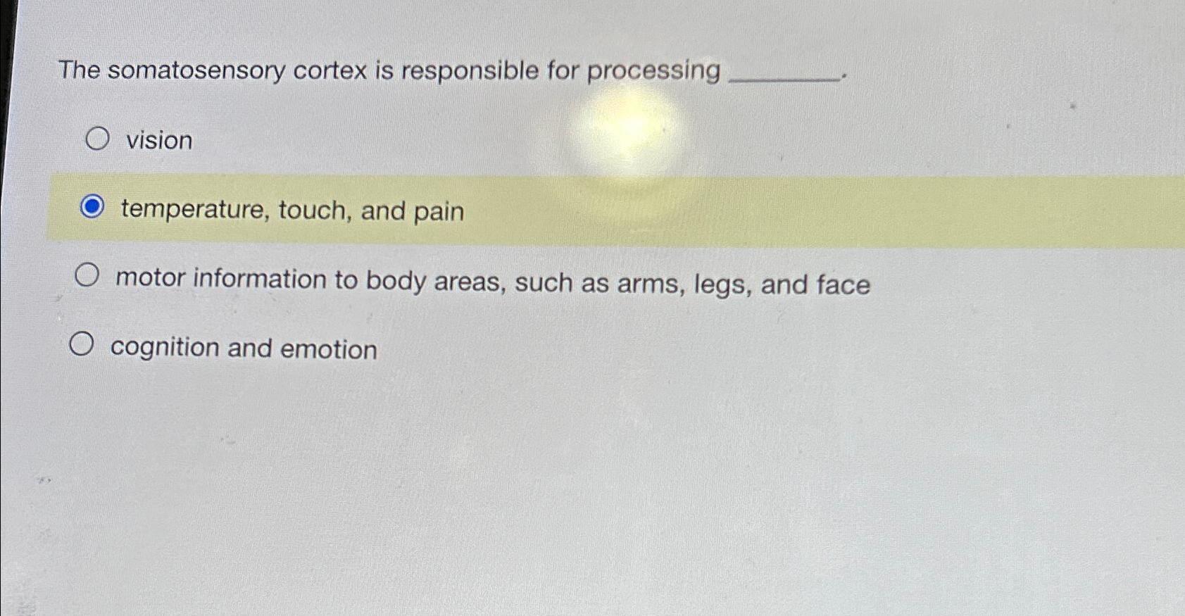 Solved The somatosensory cortex is responsible for | Chegg.com