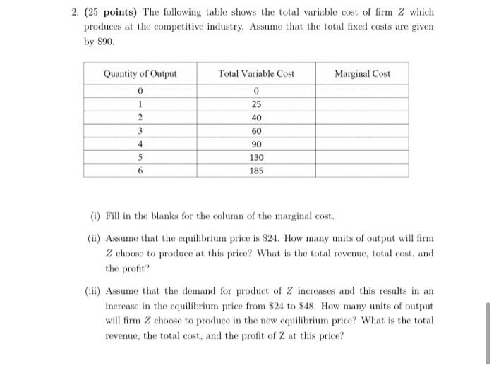 Solved 2. (25 points) The following table shows the total | Chegg.com