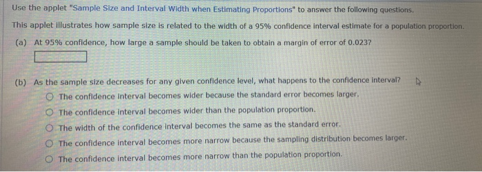 Solved Use the applet "Sample Size and Interval Width when | Chegg.com
