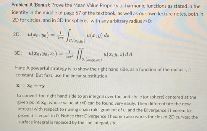 Solved Problem A (Bonus): Prove the Mean Value Property of | Chegg.com