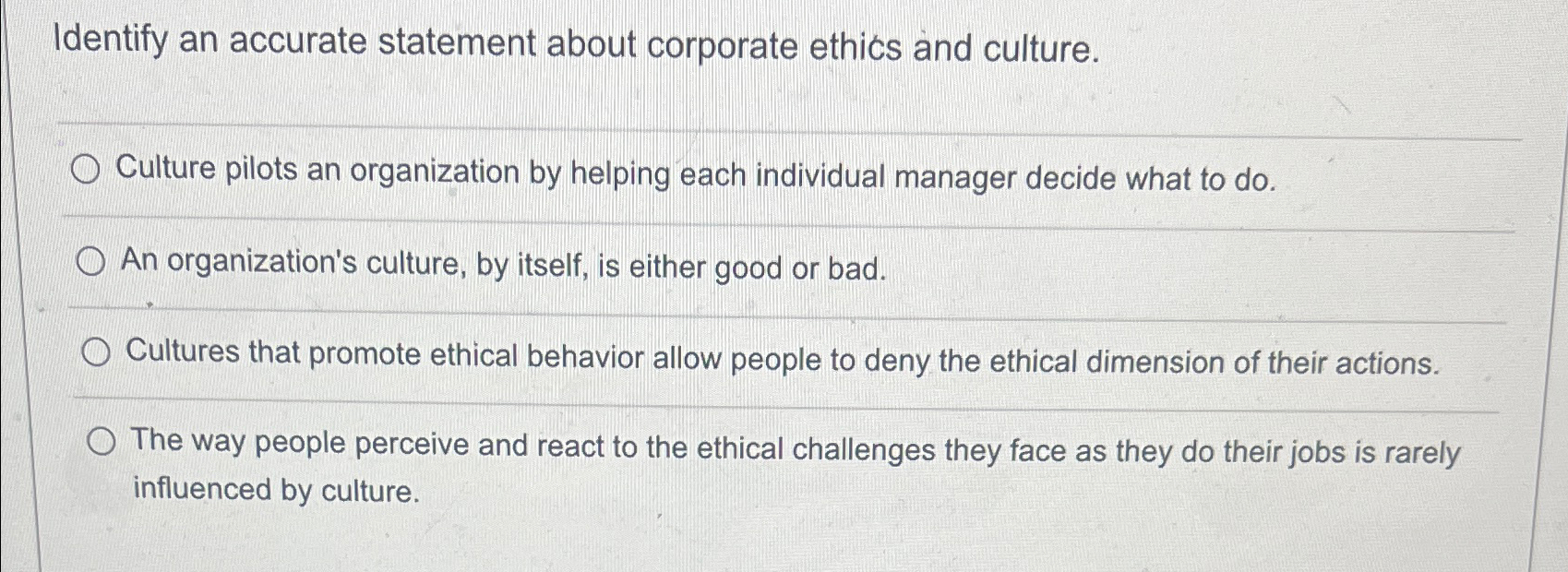 Solved Identify an accurate statement about corporate ethics | Chegg.com