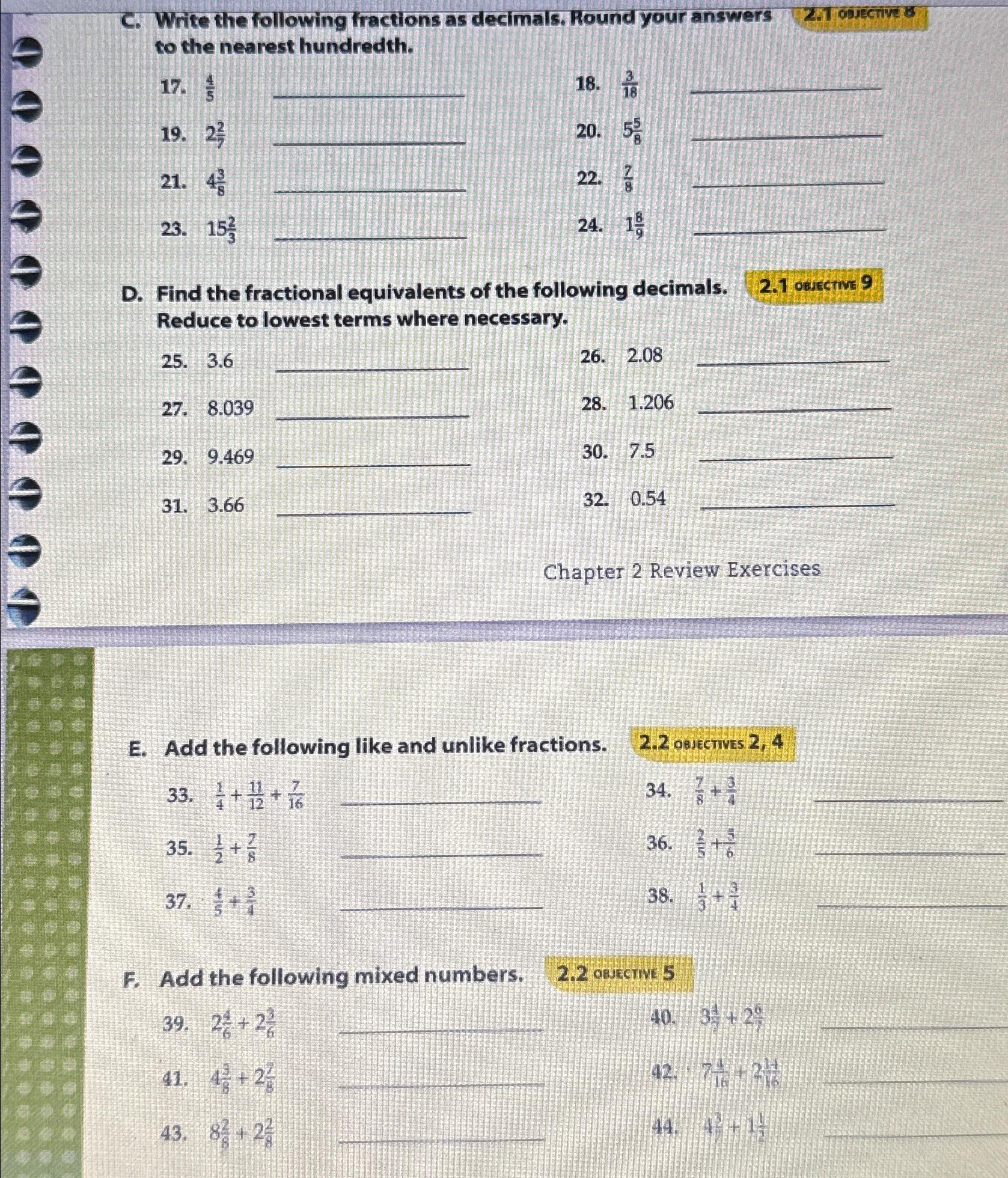 Solved C. ﻿Write the following fractions as decimals. Round | Chegg.com