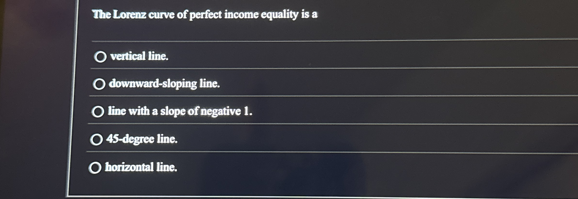 Solved The Lorenz curve of perfect income equality is | Chegg.com