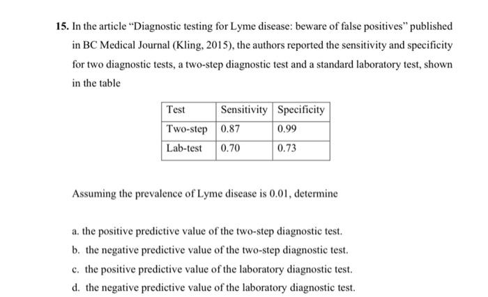 Solved 15. In the article "Diagnostic testing for Lyme | Chegg.com