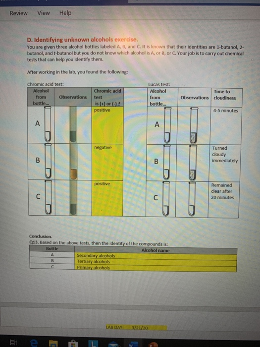Solved Review View Help D. Identifying unknown alcohols | Chegg.com