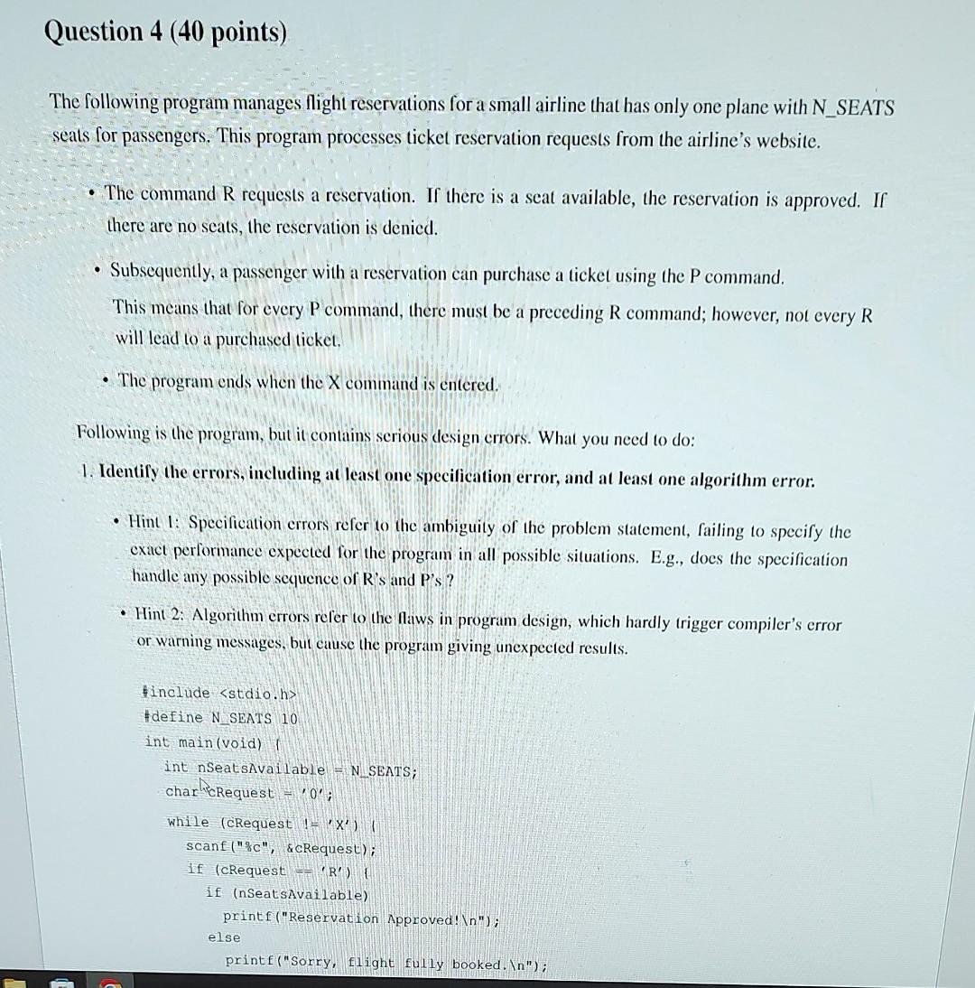 Solved Zuestion 4 (40 points) The following program manages | Chegg.com Solved Zuestion 4 (40 points) The following program manages | Chegg.com