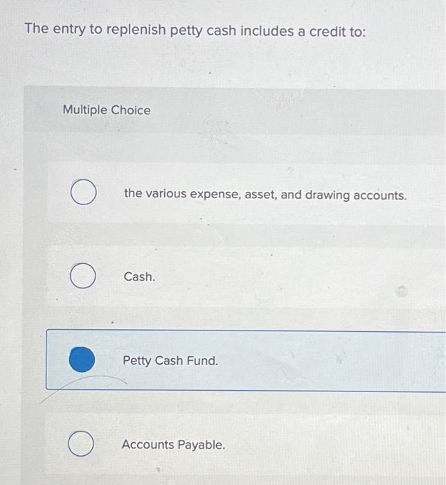 Solved The entry to replenish petty cash includes a credit | Chegg.com