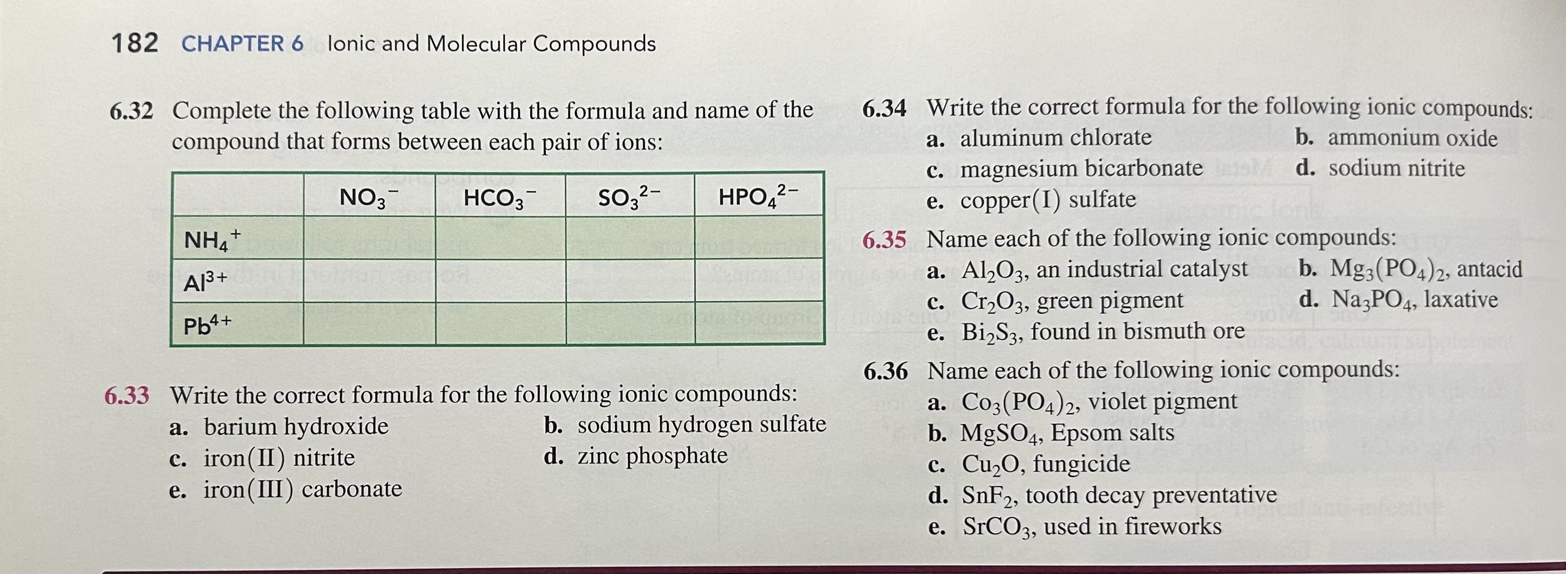Solved 6.32 ﻿Complete the following table with the formula | Chegg.com