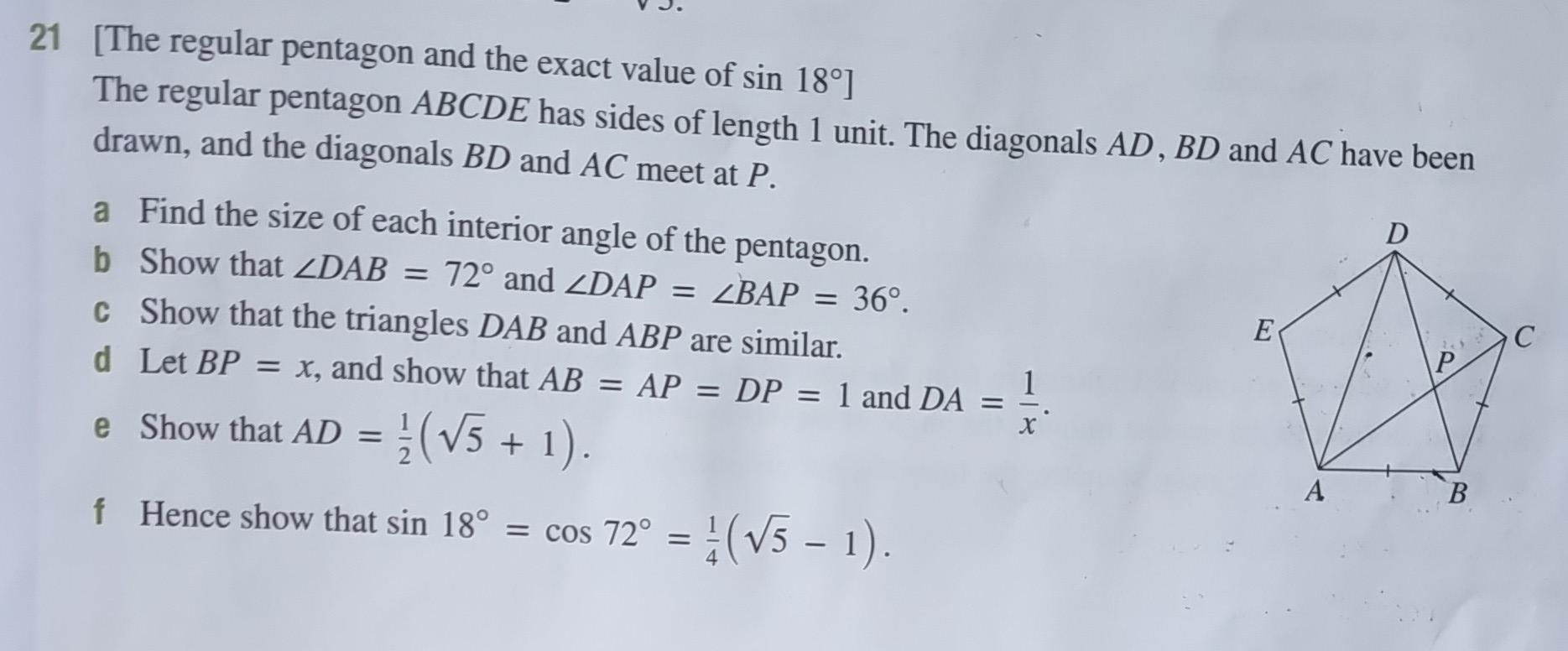 Solved 1 [The regular pentagon and the exact value of sin18∘ | Chegg.com