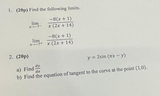 Solved 1. (20p) Find the following limits. | Chegg.com