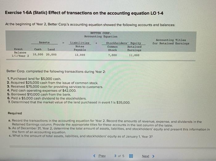 Solved Exercise 1-6A (Static) Effect of transactions on the | Chegg.com