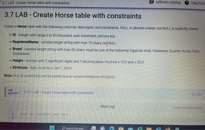 Solved Create a Horse table with the following columns, data | Chegg.com