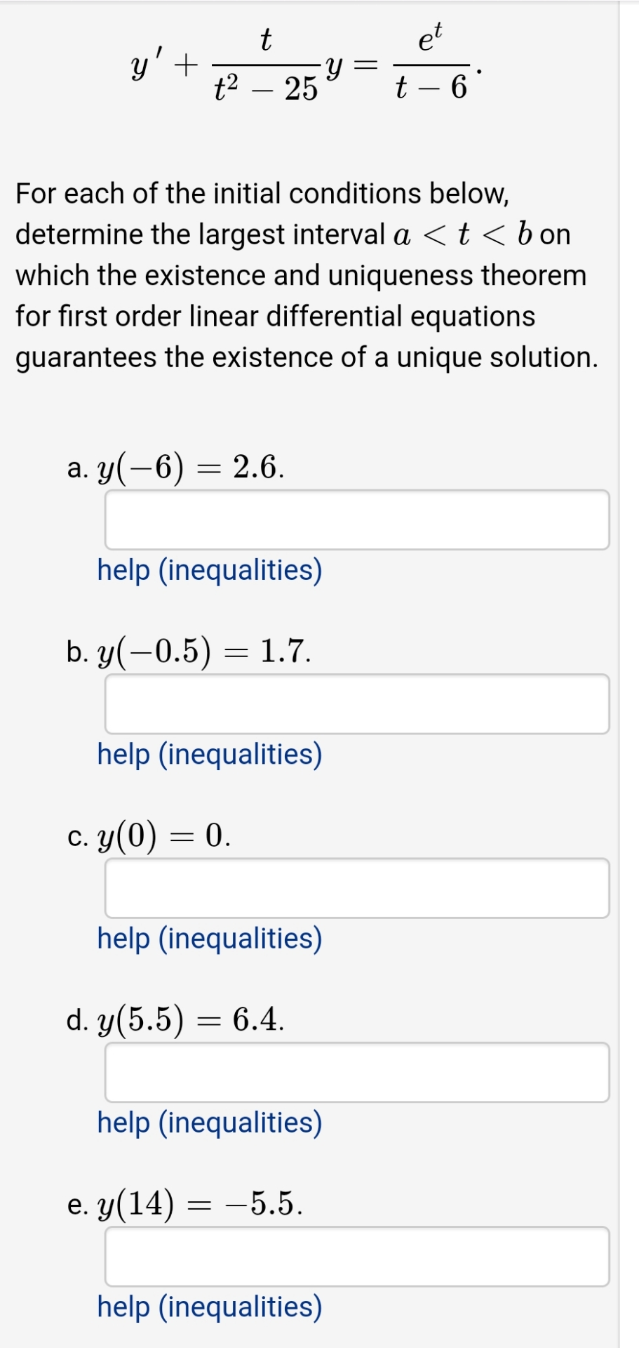 Solved y'+tt2-25y=ett-6. ﻿For each of the initial conditions | Chegg.com