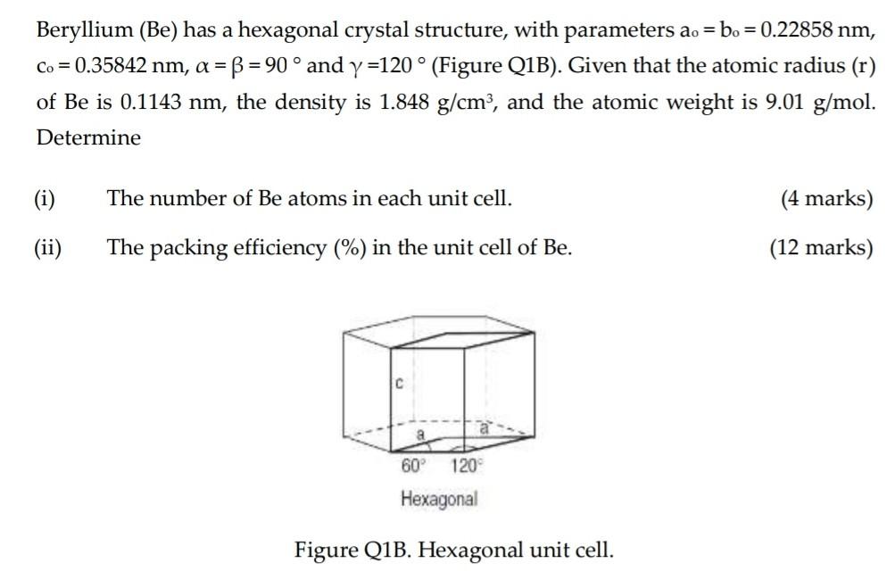 Solved Beryllium (Be) has a hexagonal crystal structure, | Chegg.com