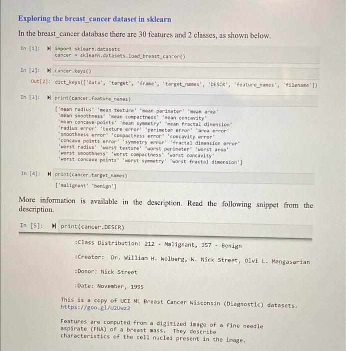 Solved Exploring the breast cancer dataset in sklearn In the | Chegg.com
