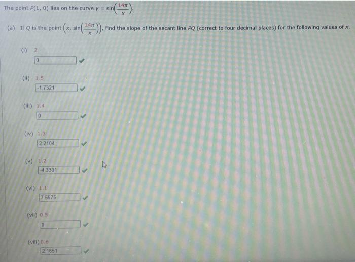 Solved The point P(1,0) lies on the curve y=sin(x14π). (a) | Chegg.com