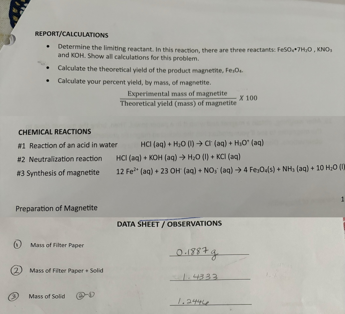 Solved REPORT/CALCULATIONSDetermine the limiting reactant. | Chegg.com