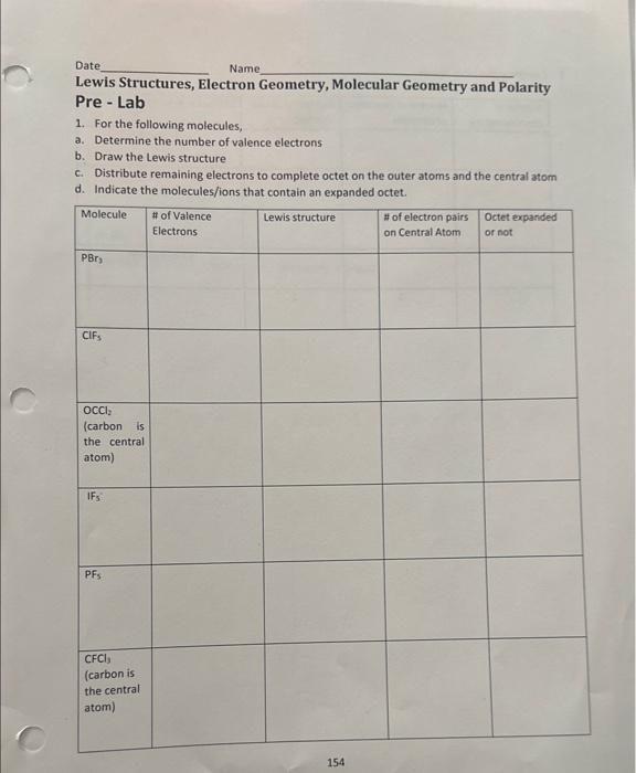 Solved Date Name Lewis Structures, Electron Geometry, | Chegg.com