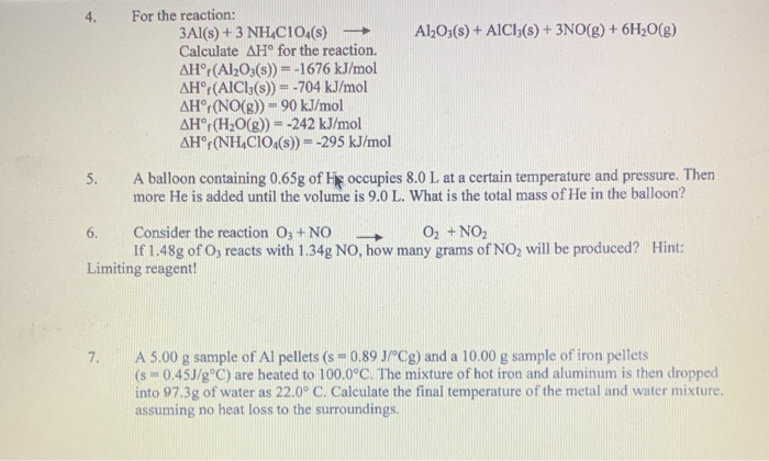 Solved 4. Al2O3(s) + AICI:(3) + 3NO(g) + 6H2O(g) For the | Chegg.com