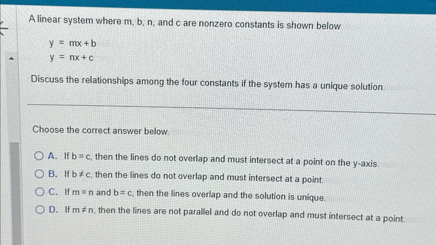 Solved A linear system where m,b,n, and c are nonzero | Chegg.com