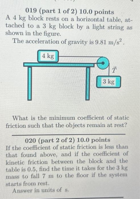 Solved 019 (part 1 of 2 ) 10.0 points A 4 kg block rests on | Chegg.com