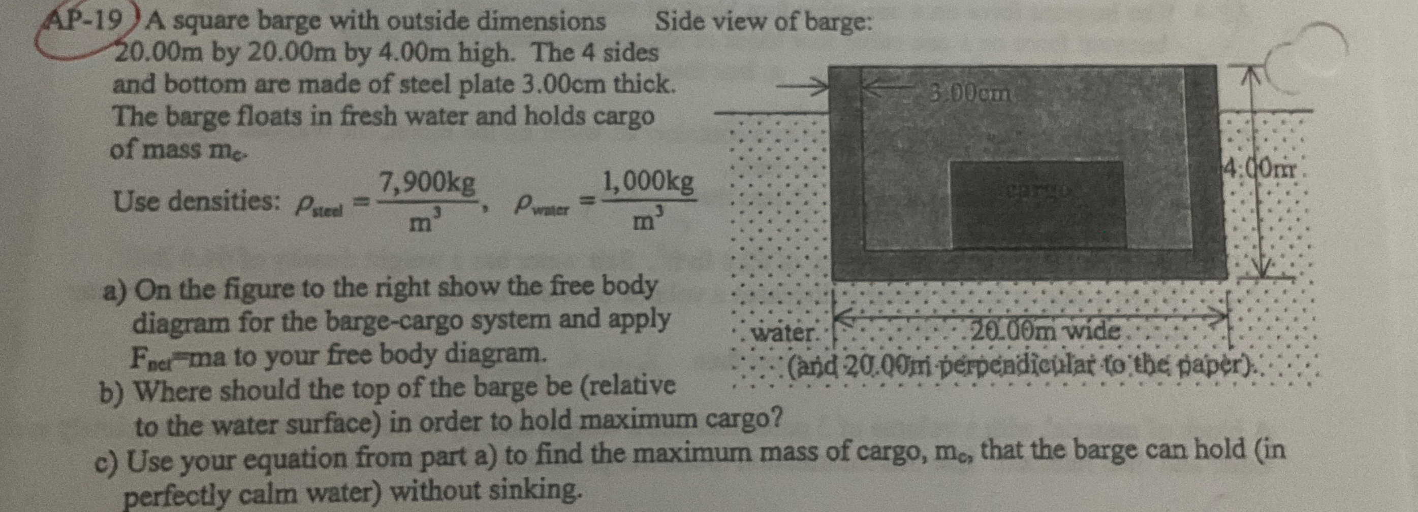 AP-19) ﻿A square barge with outside dimensions Side | Chegg.com