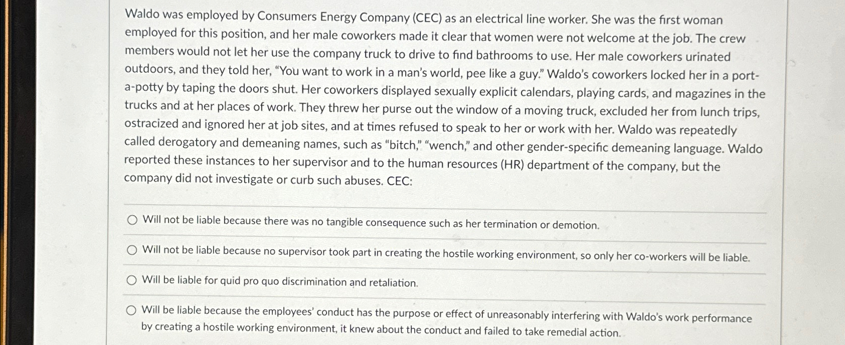Solved Waldo was employed by Consumers Energy Company (CEC) | Chegg.com