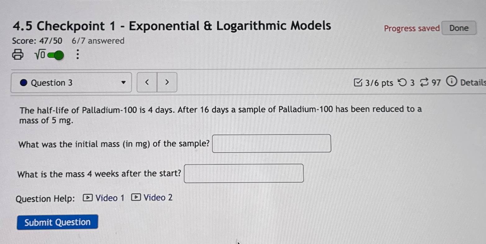 Solved 4.5 ﻿Checkpoint 1 - ﻿Exponential & Logarithmic | Chegg.com