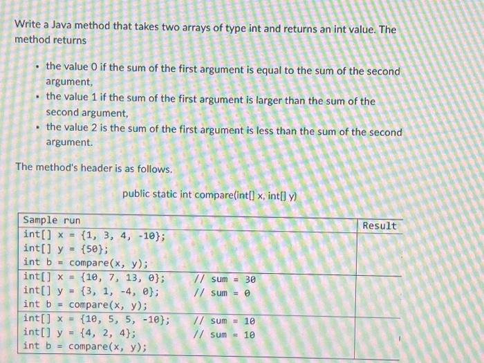 Solved Write A Java Method That Takes Two Arrays Of Type Int 6863