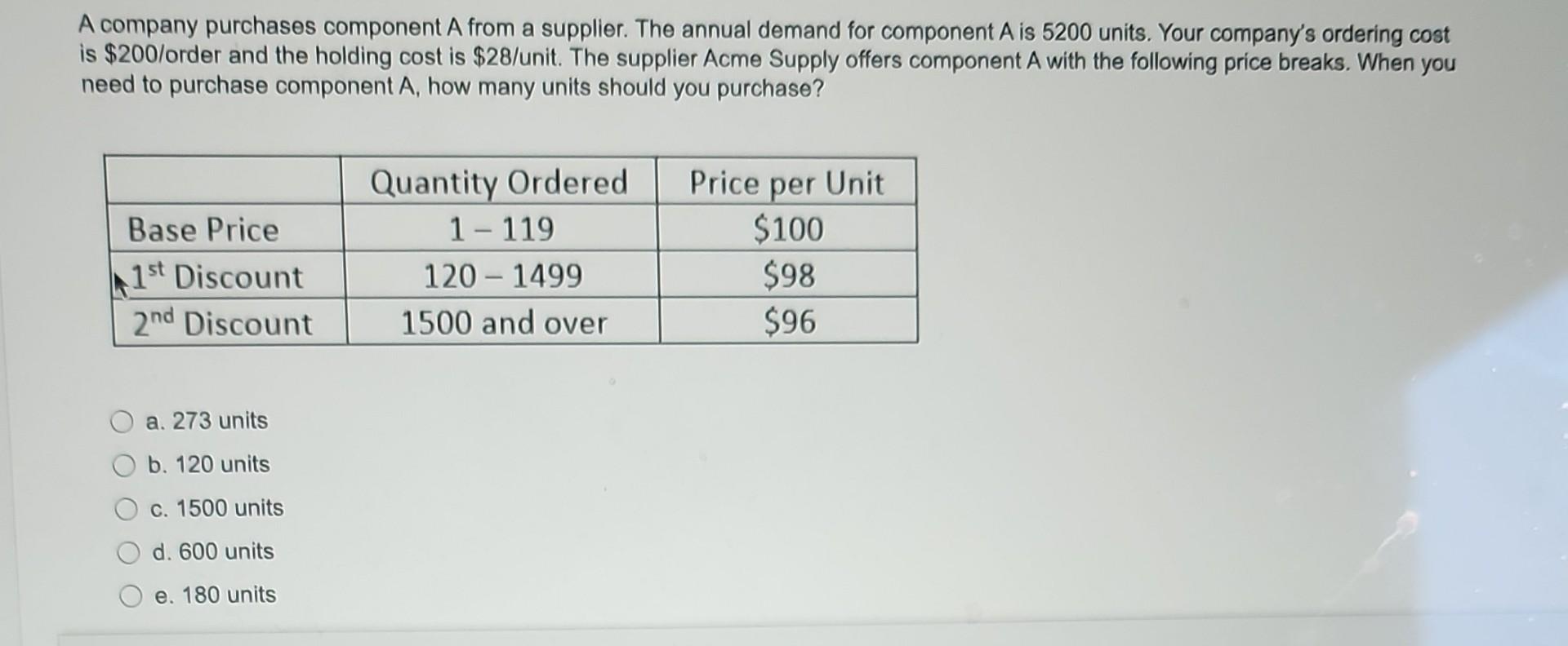 Solved A company purchases component A from a supplier. The | Chegg.com