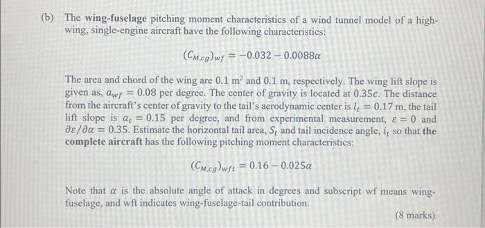 Solved (b) The wing-fuselage pitching moment characteristics | Chegg.com