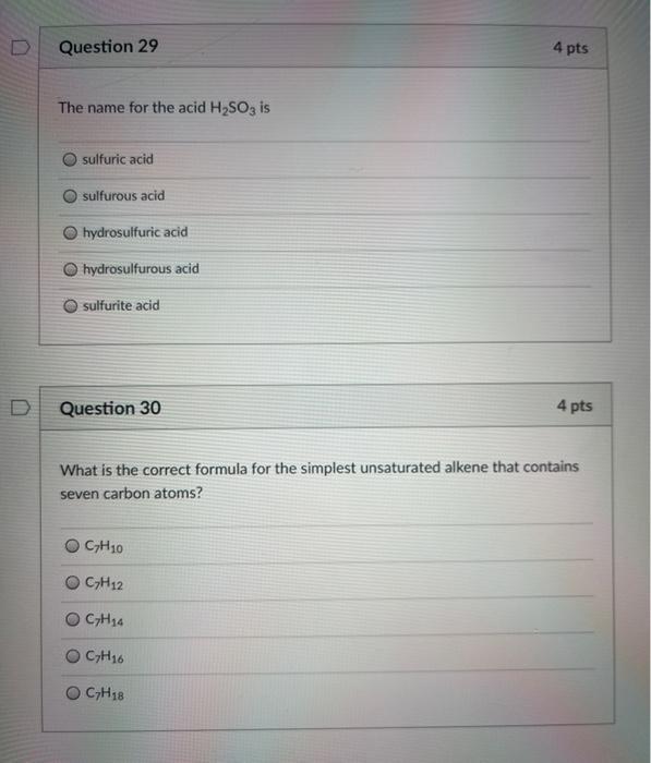 Solved Question 29 4 pts The name for the acid H2SO3 is | Chegg.com