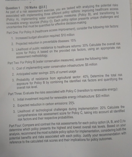 Solved Question 1 [10 ﻿Marks @2.5]As part of a risk | Chegg.com