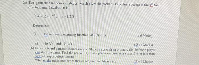 Solved (a) The geometric random vanable X which gives the | Chegg.com