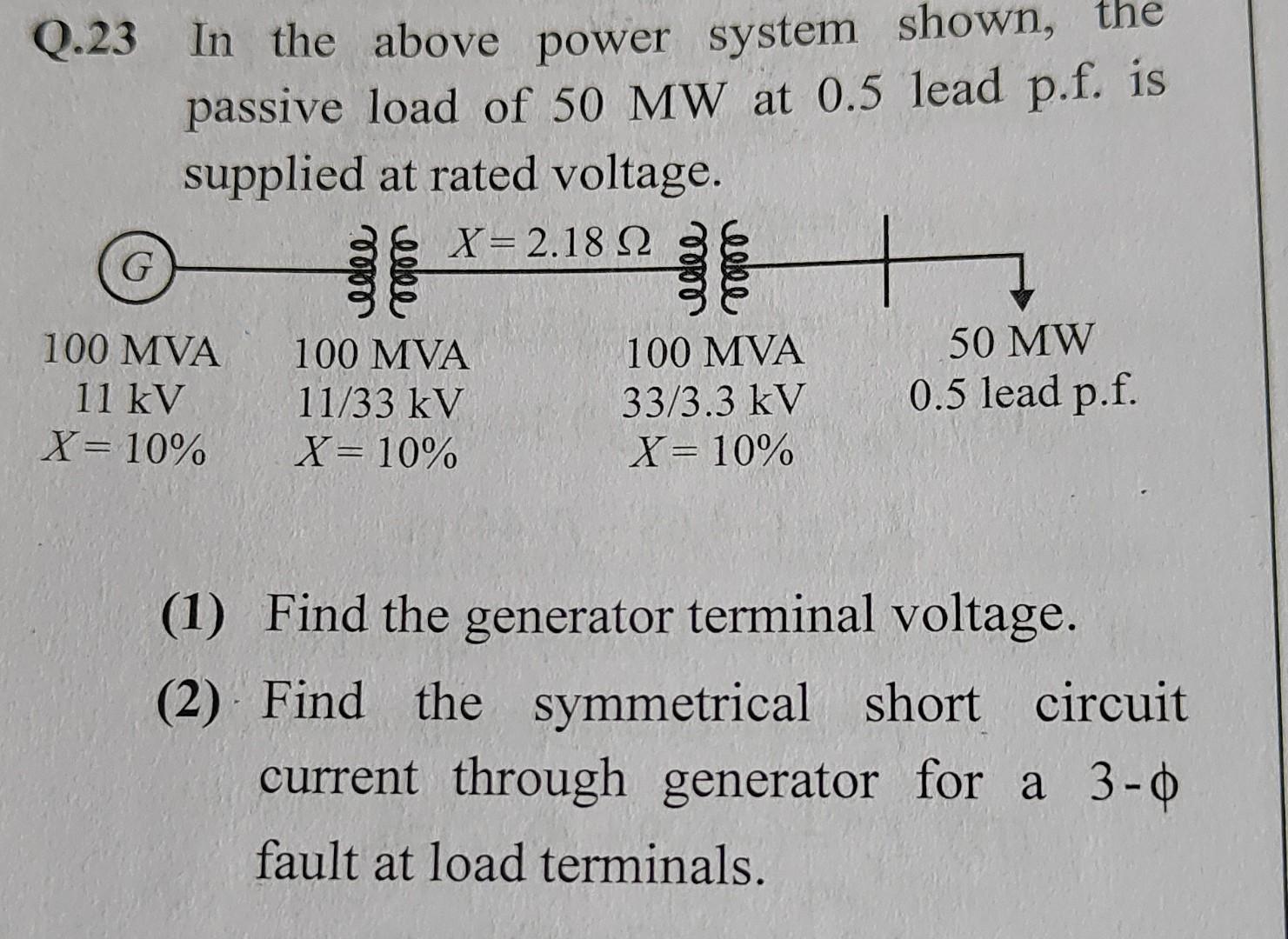 Solved Q.23 In the above power system shown, the passive | Chegg.com
