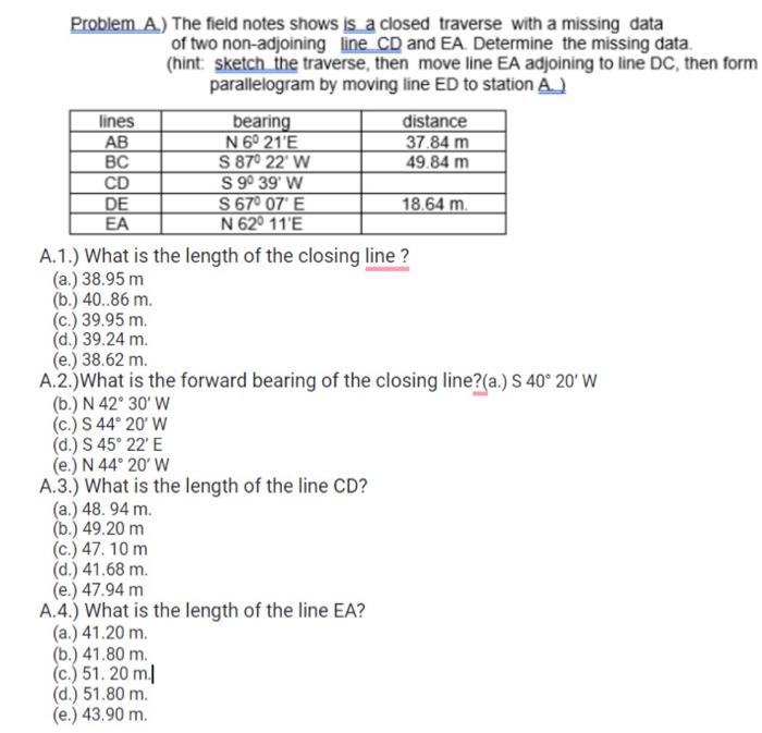 Solved Problem A) The field notes shows is a closed traverse | Chegg.com