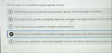 Solved The last stage of a competitive analysis typically | Chegg.com