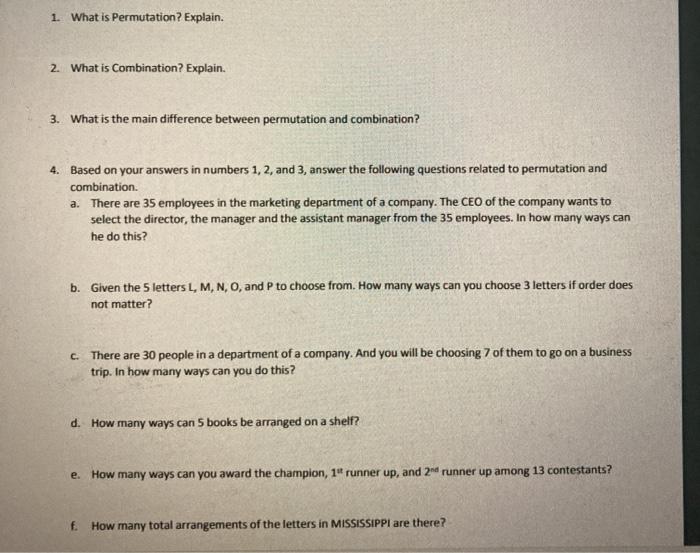 Solved 1. What is Permutation? Explain. 2. What is | Chegg.com