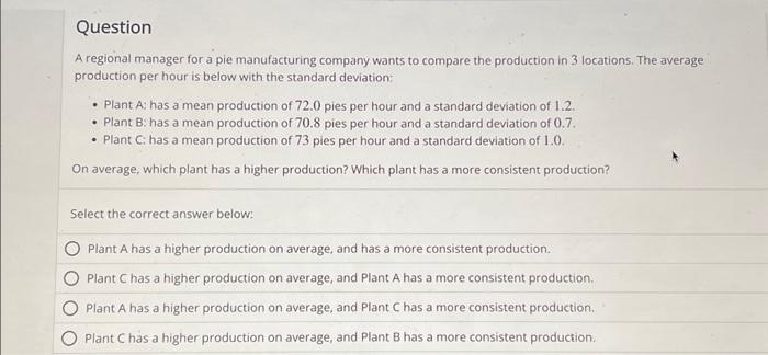 Solved Question A regional manager for a pie manufacturing | Chegg.com