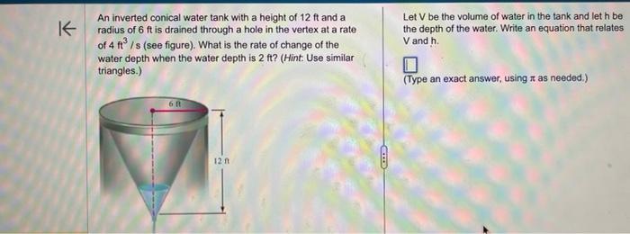 Solved \begin{tabular}{l|l} An inverted conical water tank | Chegg.com