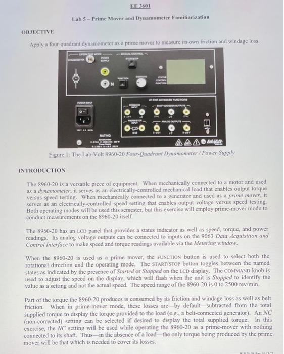 Lab 5 - Prime Mover and Dynamometer Familiariation | Chegg.com