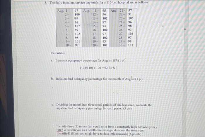 Solved 3. The daily inpatient service day totals for a | Chegg.com