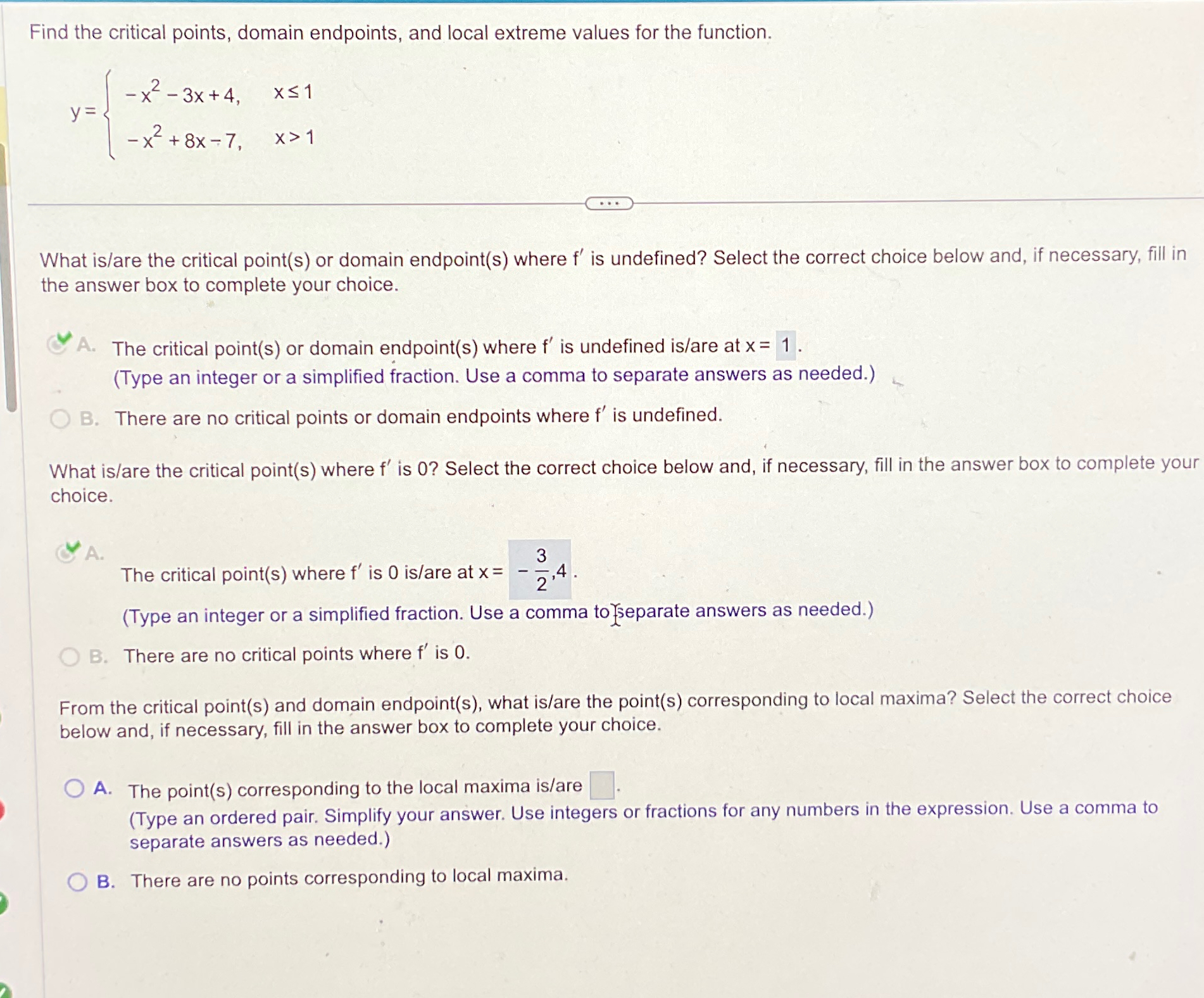 Solved Find the critical points, domain endpoints, and local | Chegg.com