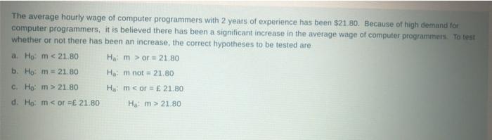 Solved The average hourly wage of computer programmers with | Chegg.com