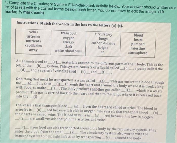 Solved 4. Complete the Circulatory System Fill-in-the-blank | Chegg.com