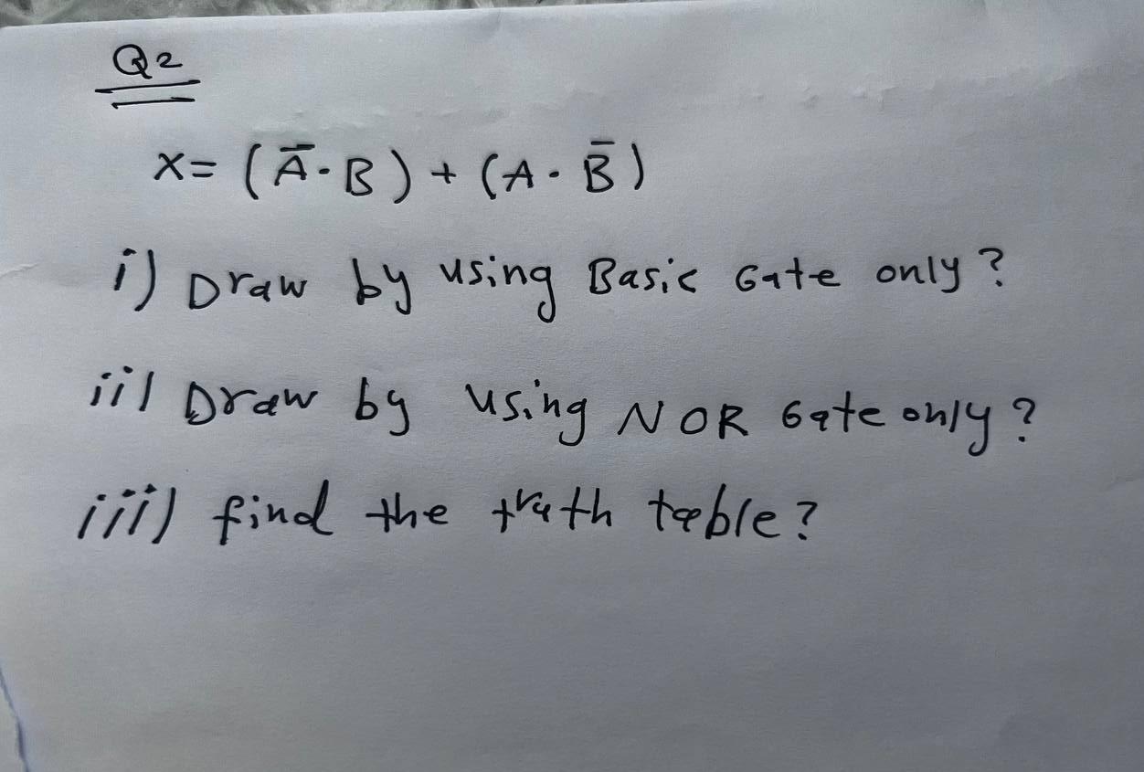 Solved Q2 x=(Aˉ⋅B)+(A⋅Bˉ) i) Draw by using Basic Gate only? | Chegg.com